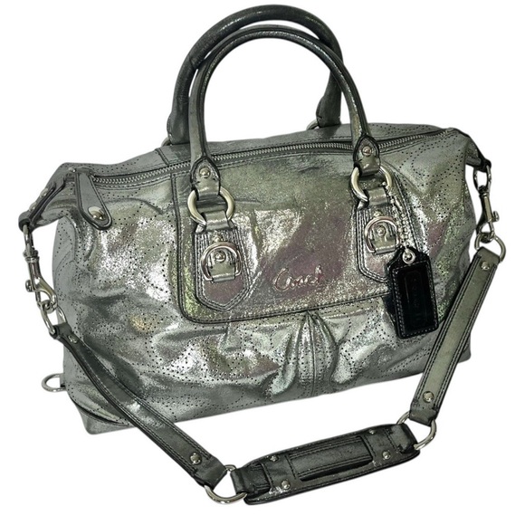 Coach | Bags | Coach Silver Satchel With Glossy Finish And Detachable ...